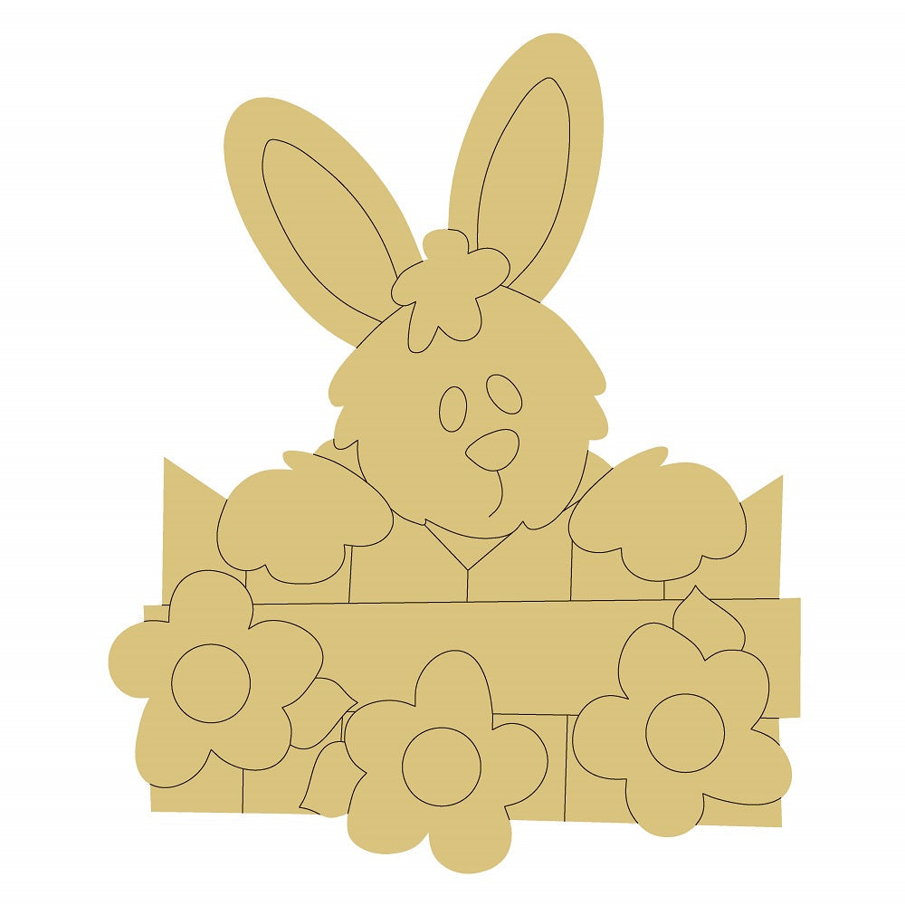 Design By Line Rabbit MDF Cutout Over Fence With Flowers - Unfinished ...